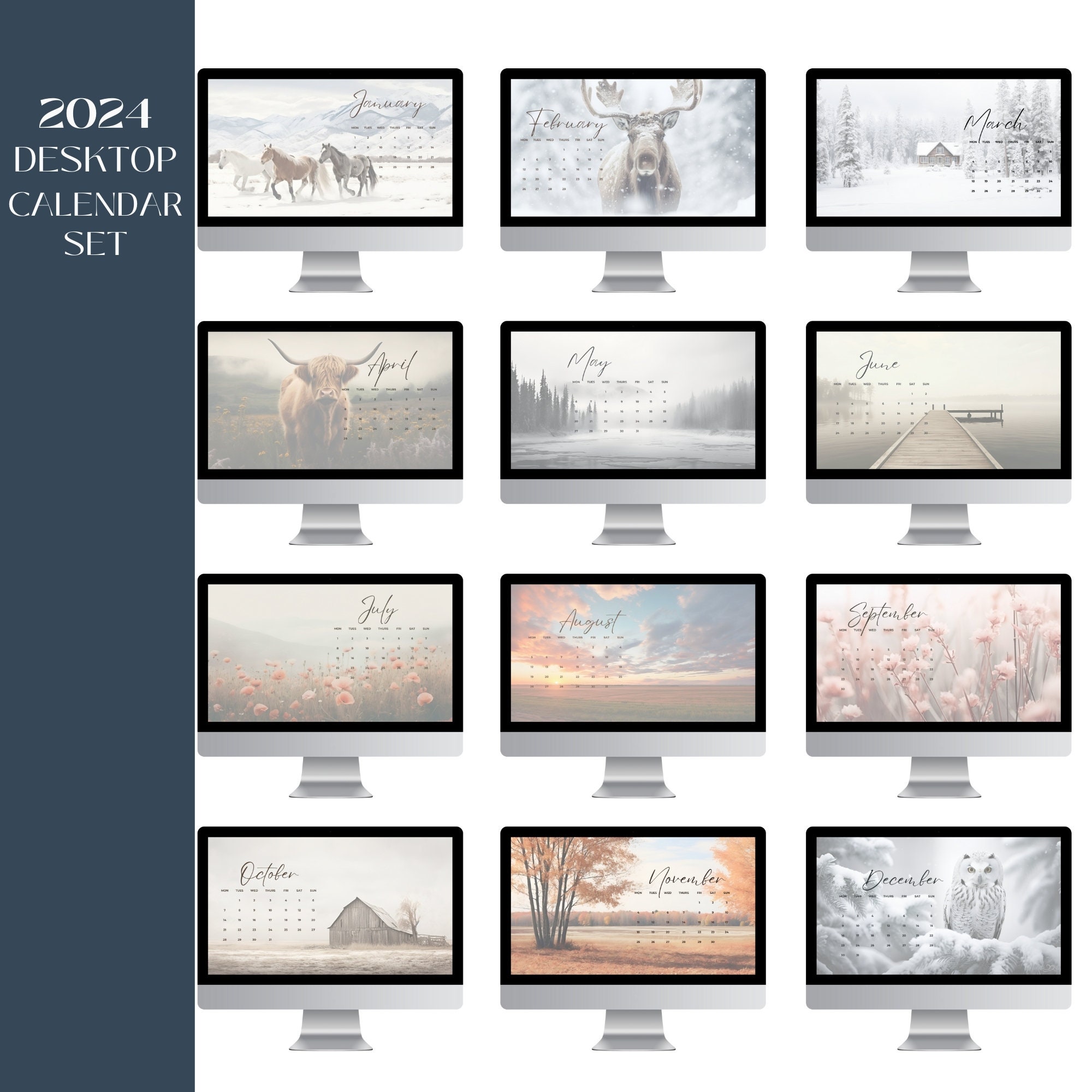 2024 Monthly Desktop Calendar Wallpaper Calendar Background, Rustic ...