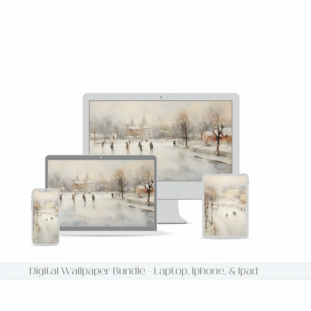 Ice Skating Winter Scene Digital Wall Paper, iPhone iPad Laptop ...