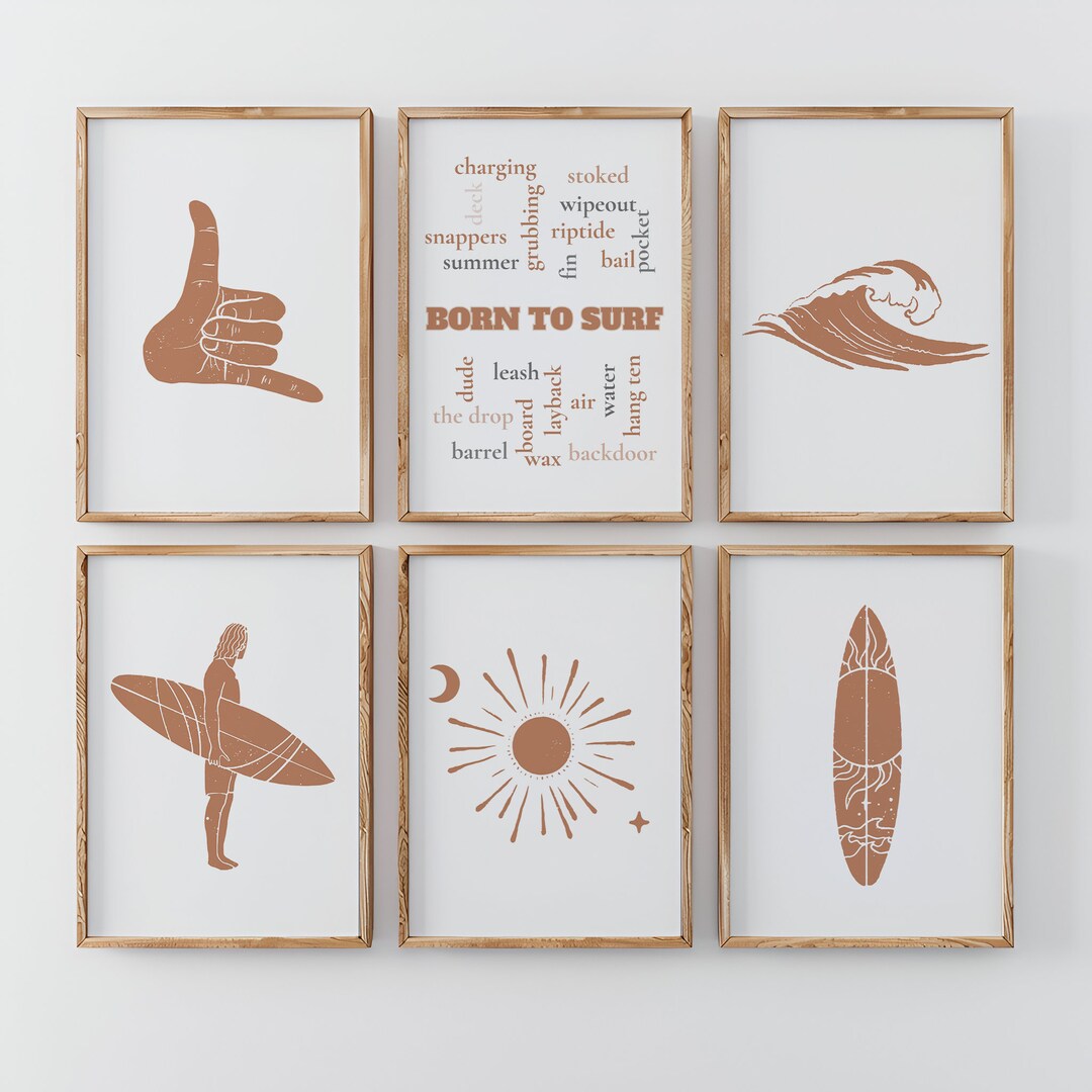 Beachy Wall Art Neutral, Set of 6 Surfer Printable, Cowabunga Printable ...