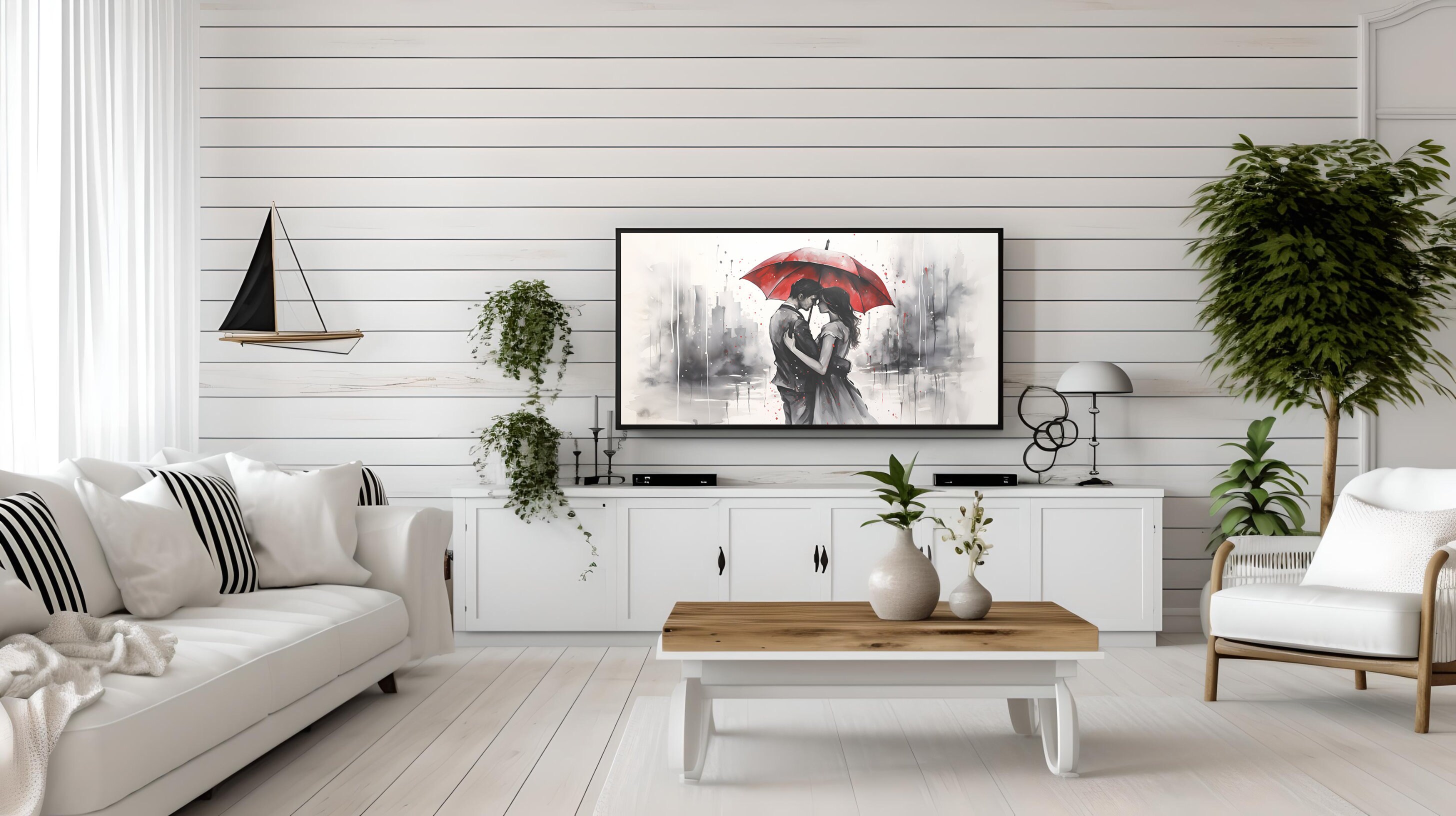 Romantic Couple in the Rain Frame TV Art for Valentine's Day, Red and ...