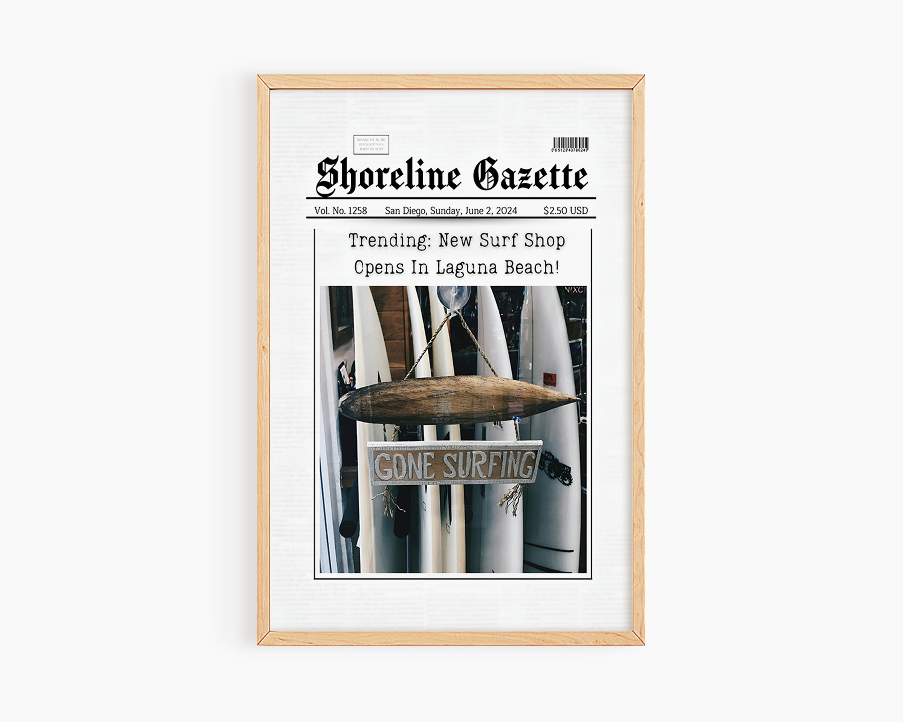 Coastal Print Newspaper Cover Wall Art, Trendy Coastal Art Surf Wall ...