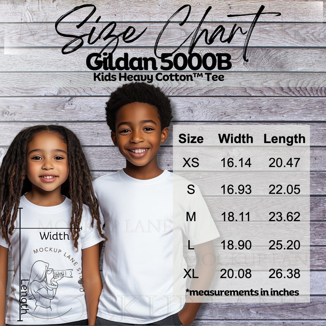 Gildan 5000B Size Chart Mockup, Gildan Kids Cotton Tee Shirt Size Guide ...