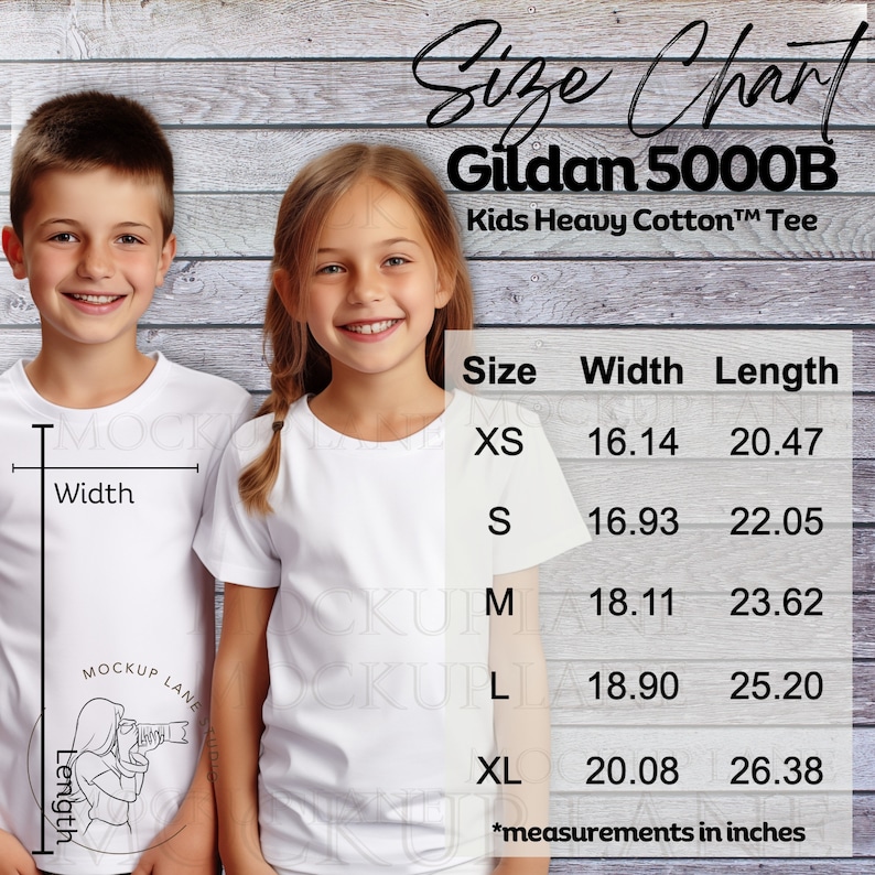 Gildan 5000B Size Chart Mockup, Gildan Kids Cotton Tee Shirt Size Guide ...