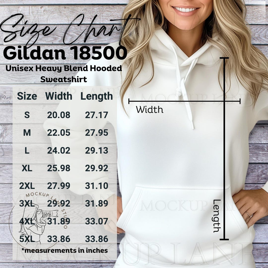 Gildan 18500 Size Chart Mockup, Gildan Hoodie Size Chart, Female Model ...