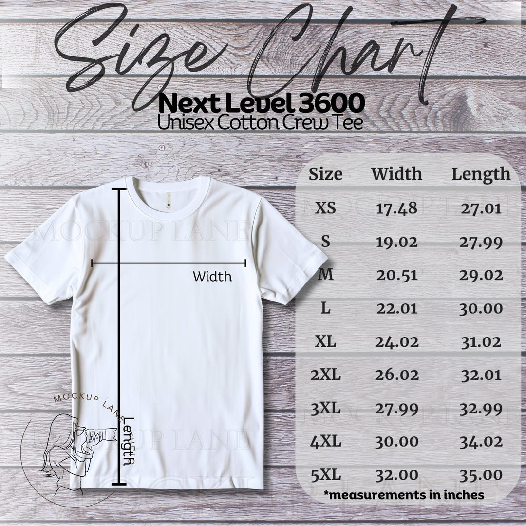 Next Level 3600 Size Chart, NL3600 Unisex Size Chart, Next Level Sizing ...