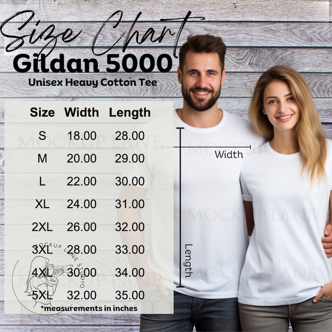 Gildan 5000 Size Chart Mockup, Gildan T-shirt Size Guide, Couples Size ...