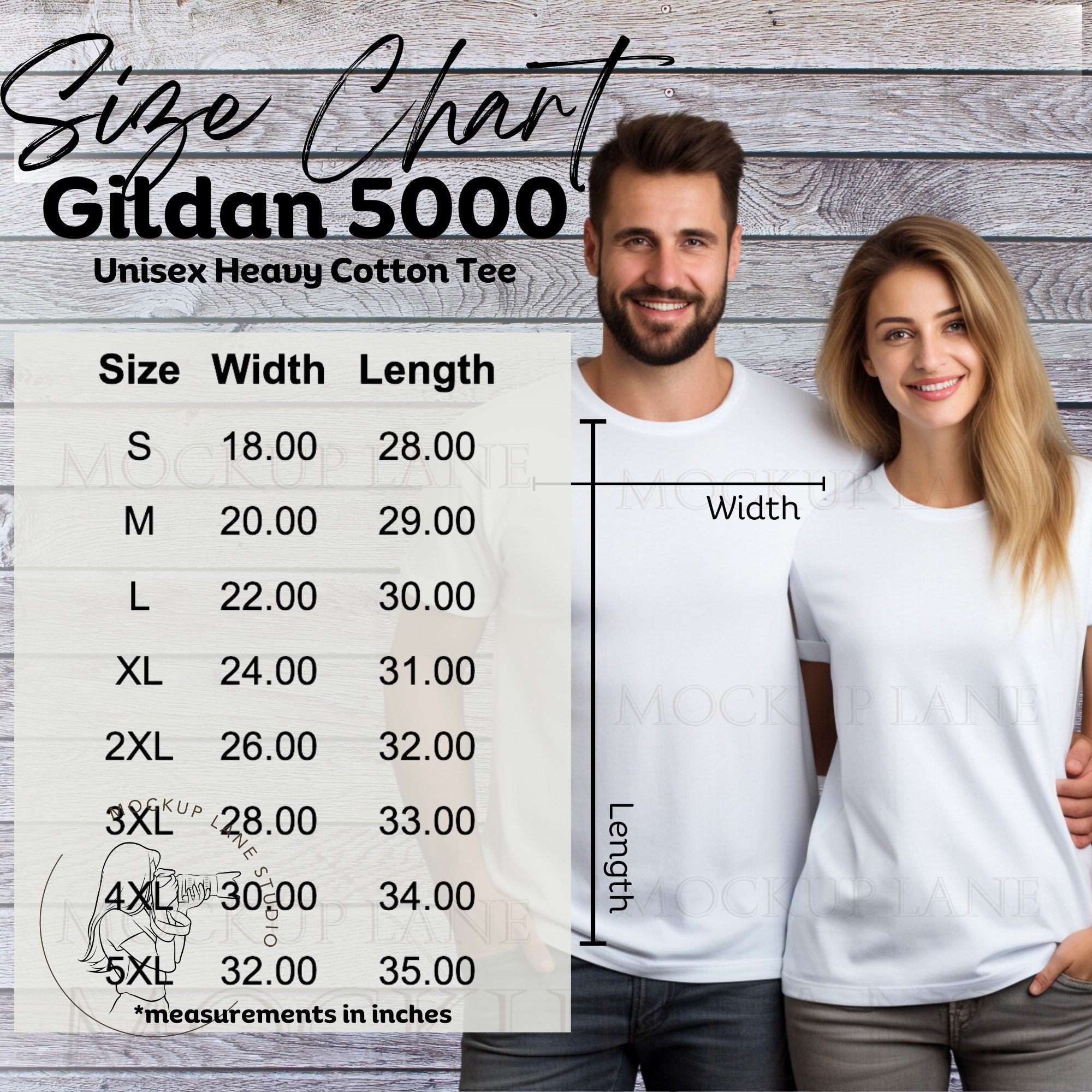 Gildan 5000 Size Chart Mockup, Gildan T-shirt Size Guide, Couples Size ...