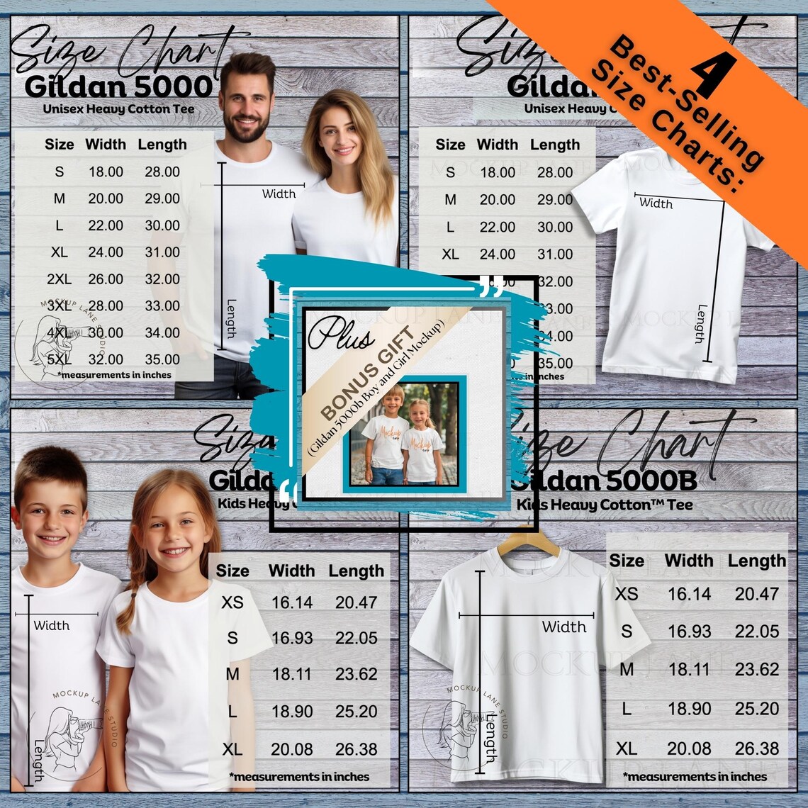 Gildan 5000 Bundle Mockup Size Charts, Gildan 5000B Size Chart Bundle ...