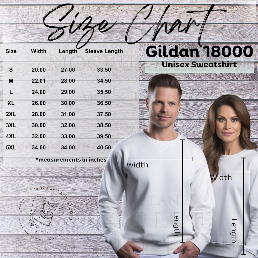Gildan 18000 Size Chart Mockup, Gildan Sweatshirt Size Chart Guide ...