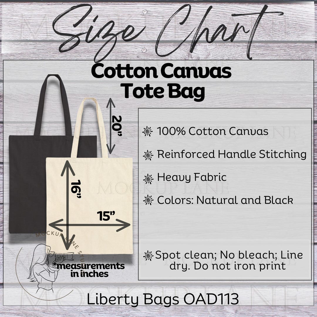 Liberty Tote Bag Size Chart, Canvas Tote Bag Size Chart Mockup, Tote ...