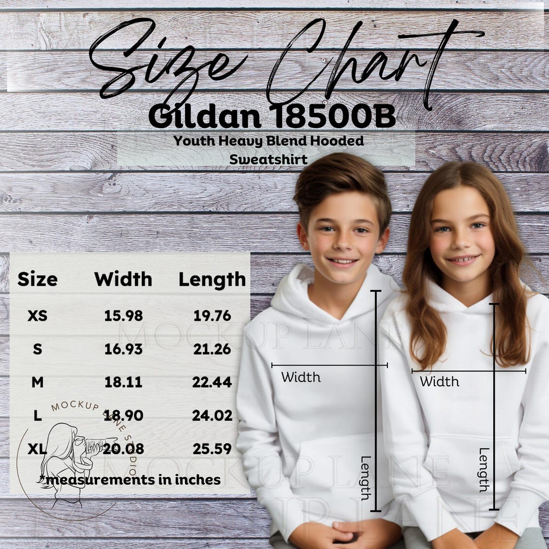 Gildan 18500B Size Chart Model Mockup, Gildan Youth Hoodie Size Guide ...