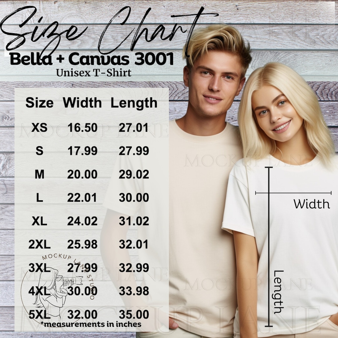 Bella + Canvas 3001 Size Chart, Bellacanvas T-shirt Size Chart, Bella ...
