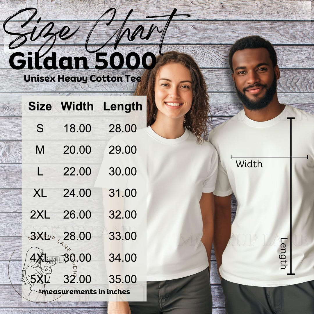 Gildan 5000 Size Chart Mockup, Gildan T-shirt Size Guide, Couples Size ...