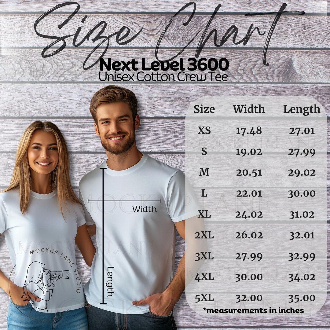 Next Level 3600 Size Chart, NL3600 Unisex Size Chart, Next Level Sizing ...