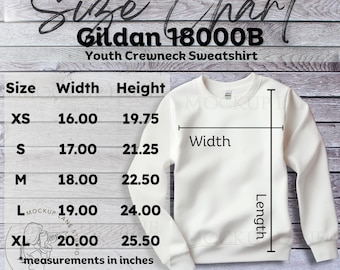 Gildan 18000B Size Chart Mockup, Gildan Youth Sweatshirt Size Guide ...