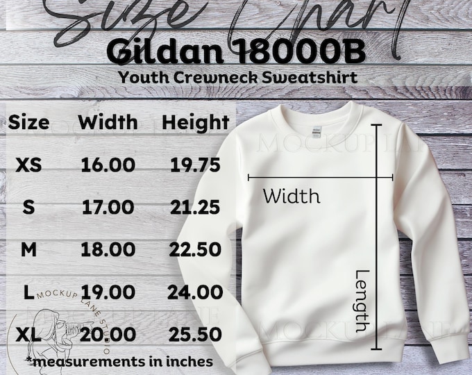 Gildan 18000B Size Chart Mockup, Gildan Youth Sweatshirt Size Guide ...