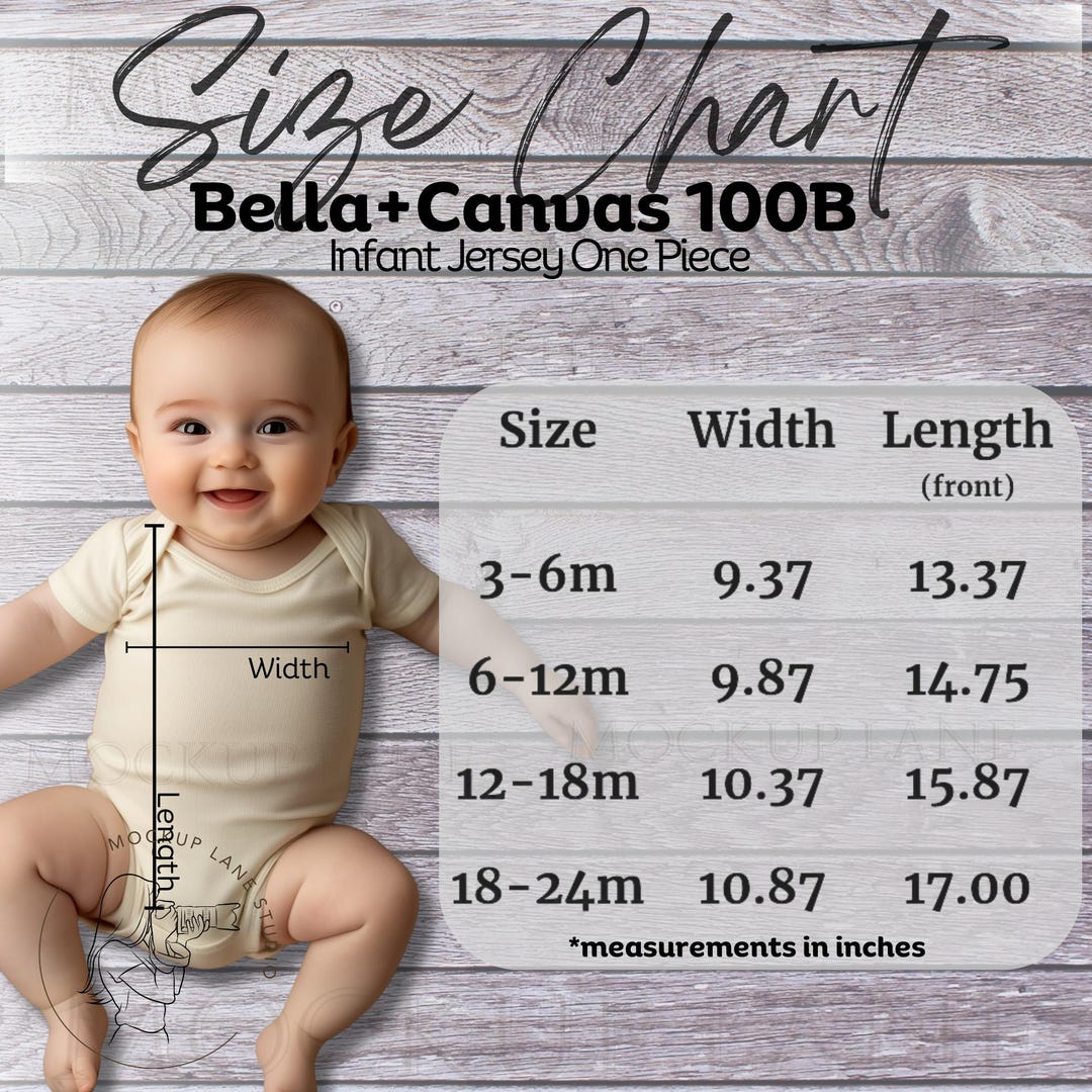 Bella Canvas 100B Size Chart Mockup, Infant Jersey One Piece Size Guide ...