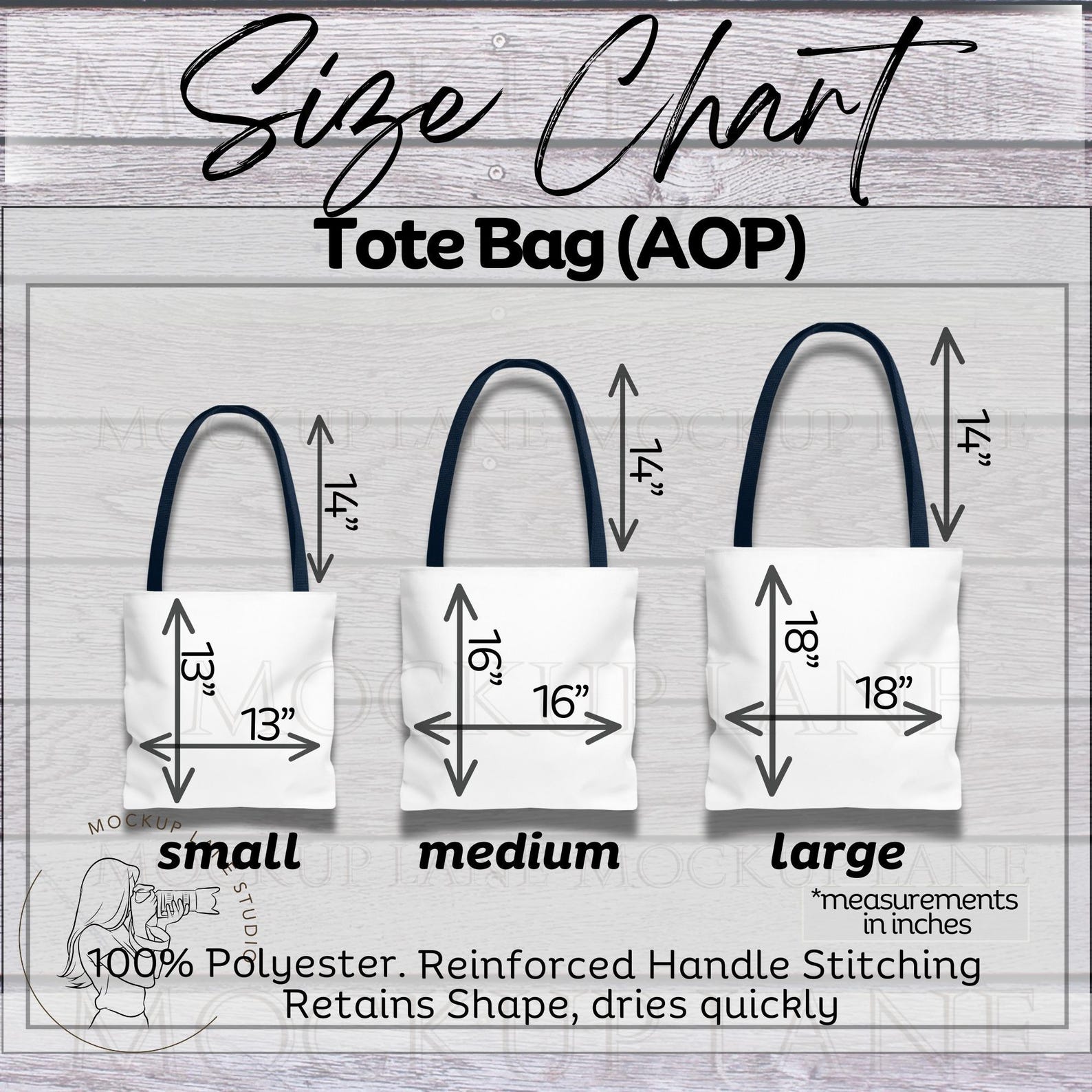 AOP Tote Bag Size Chart, Canvas Tote Bag Size Chart Mockup, Tote Bag (AOP) Sizes, Natural Tote ...