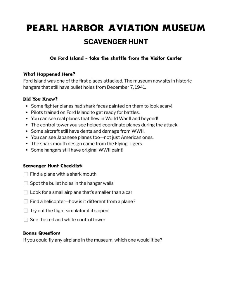 Pearl Harbor Scavenger Hunt for Kids, Printable History Activity Pack ...