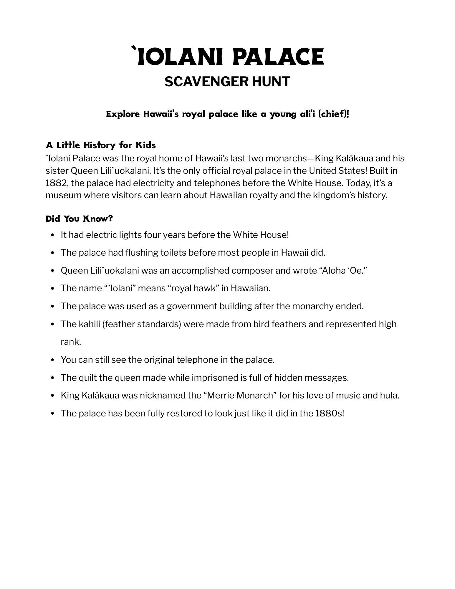 Iolani Palace Scavenger Hunt for Kids | Printable Hawaiian History ...