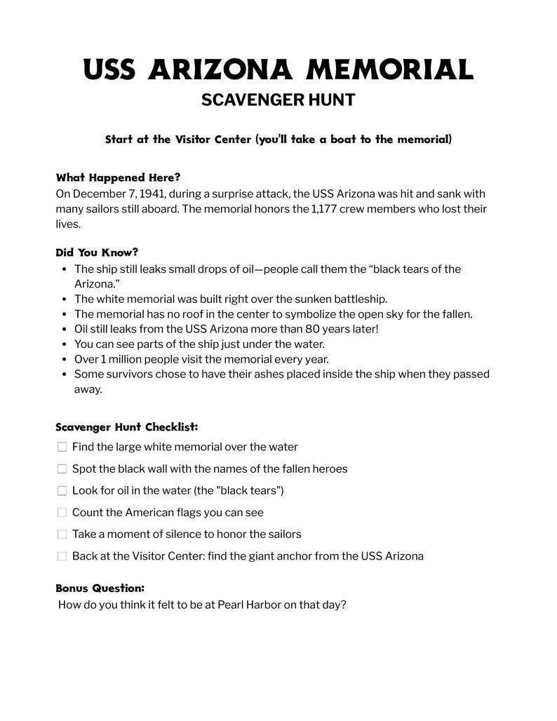 Pearl Harbor Scavenger Hunt for Kids, Printable History Activity Pack ...