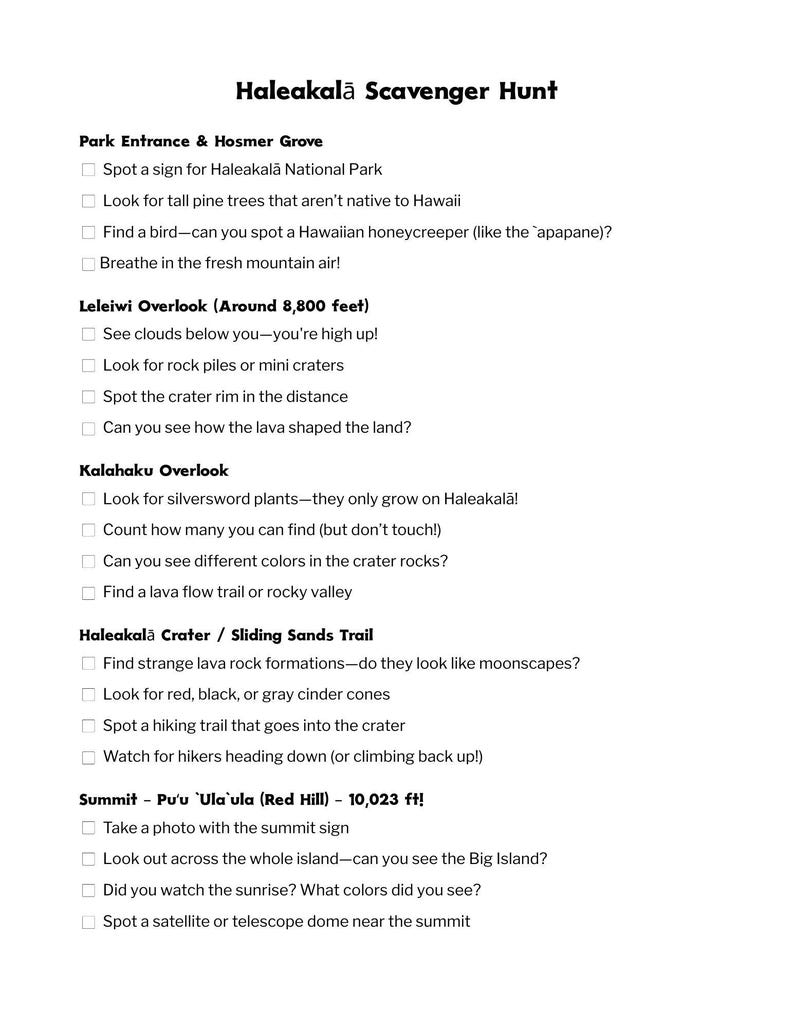 Haleakalā Scavenger Hunt for Kids, Maui National Park Activity PDF ...