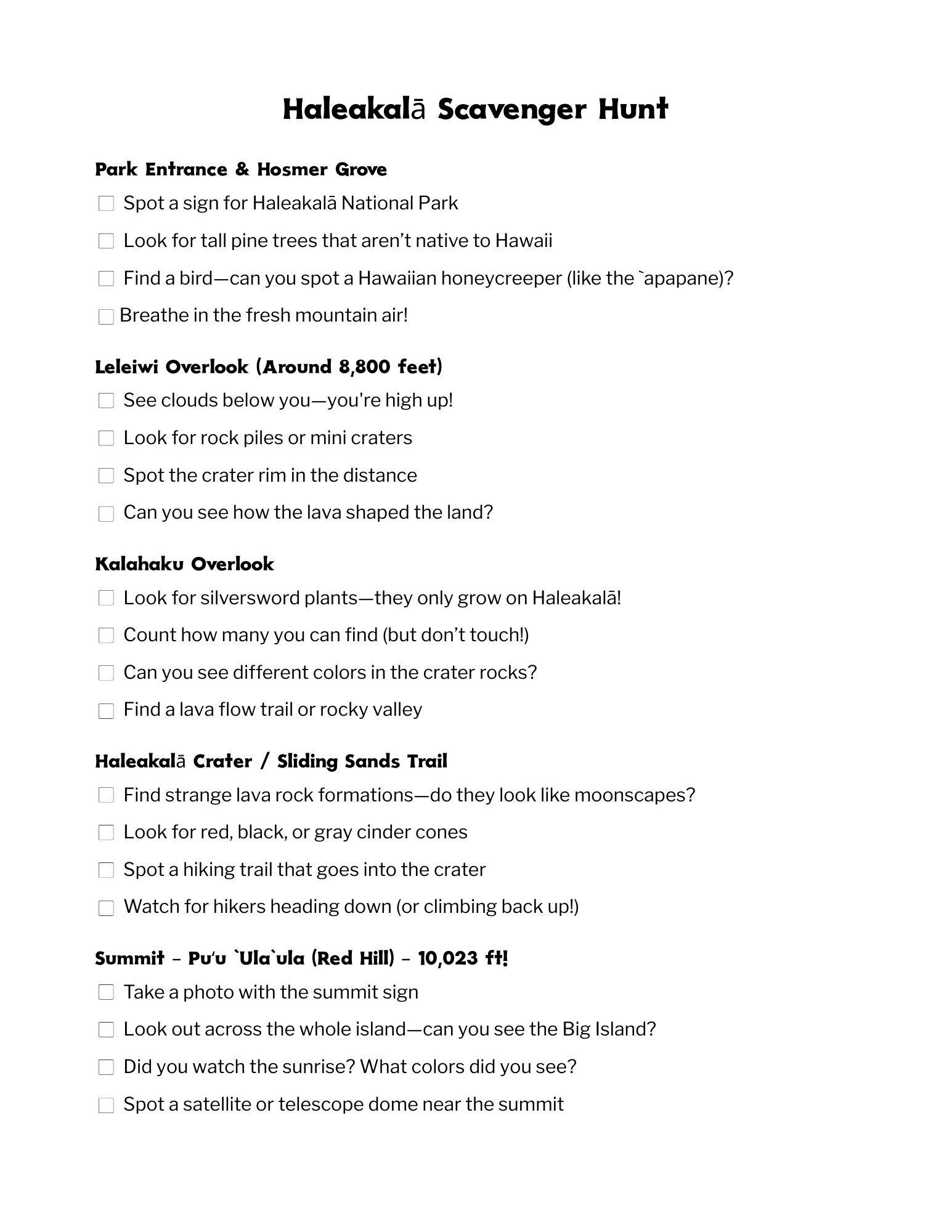 Haleakalā Scavenger Hunt for Kids, Maui National Park Activity PDF ...