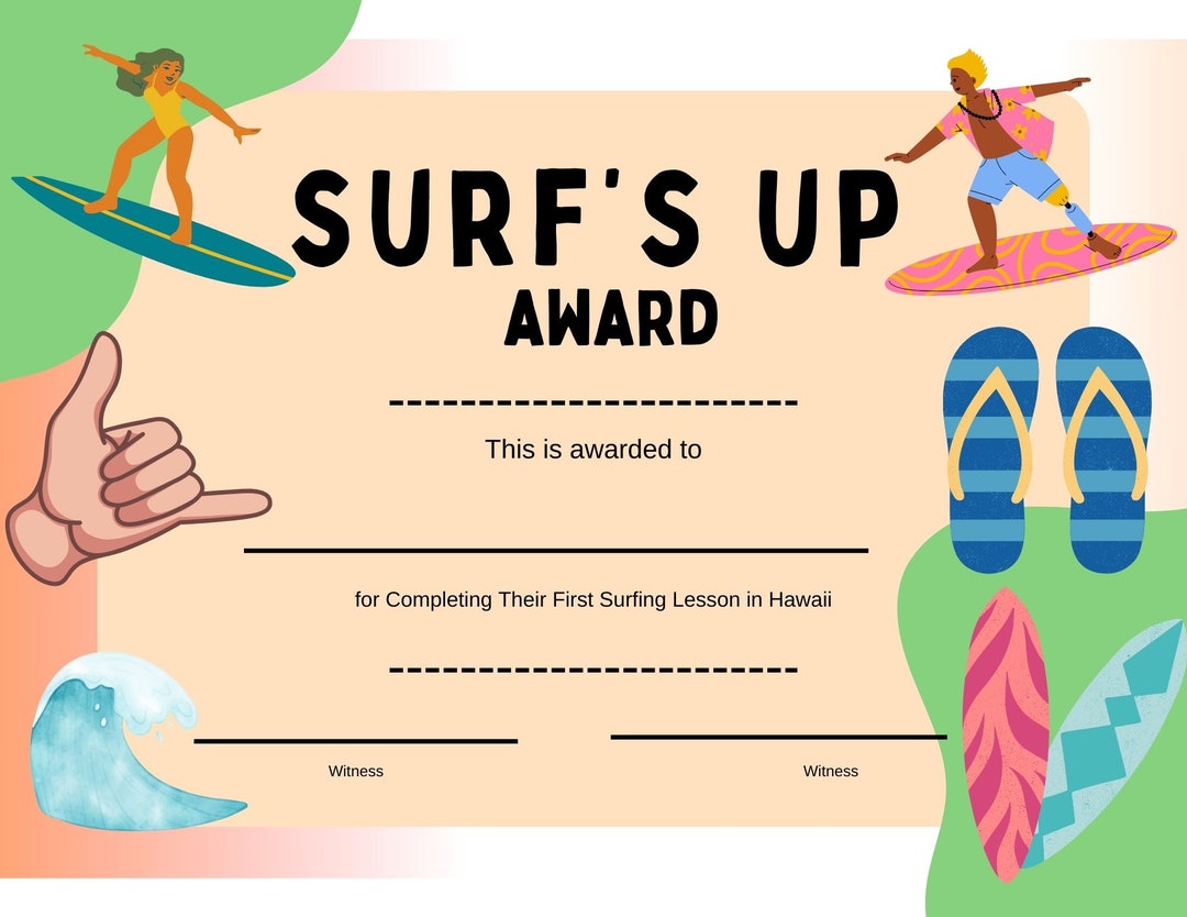 Surf’s up Certificate for Kids, Printable Hawaii Surf Award PDF ...