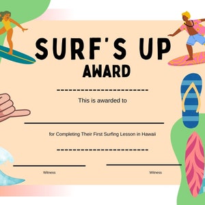 Surf’s up Certificate for Kids, Printable Hawaii Surf Award PDF ...
