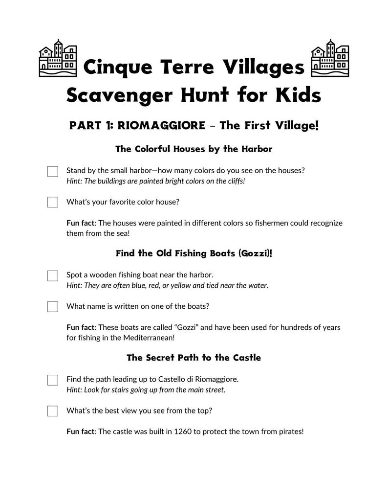 Cinque Terre Scavenger Hunt for Kids, Italy Coast Travel Game PDF ...