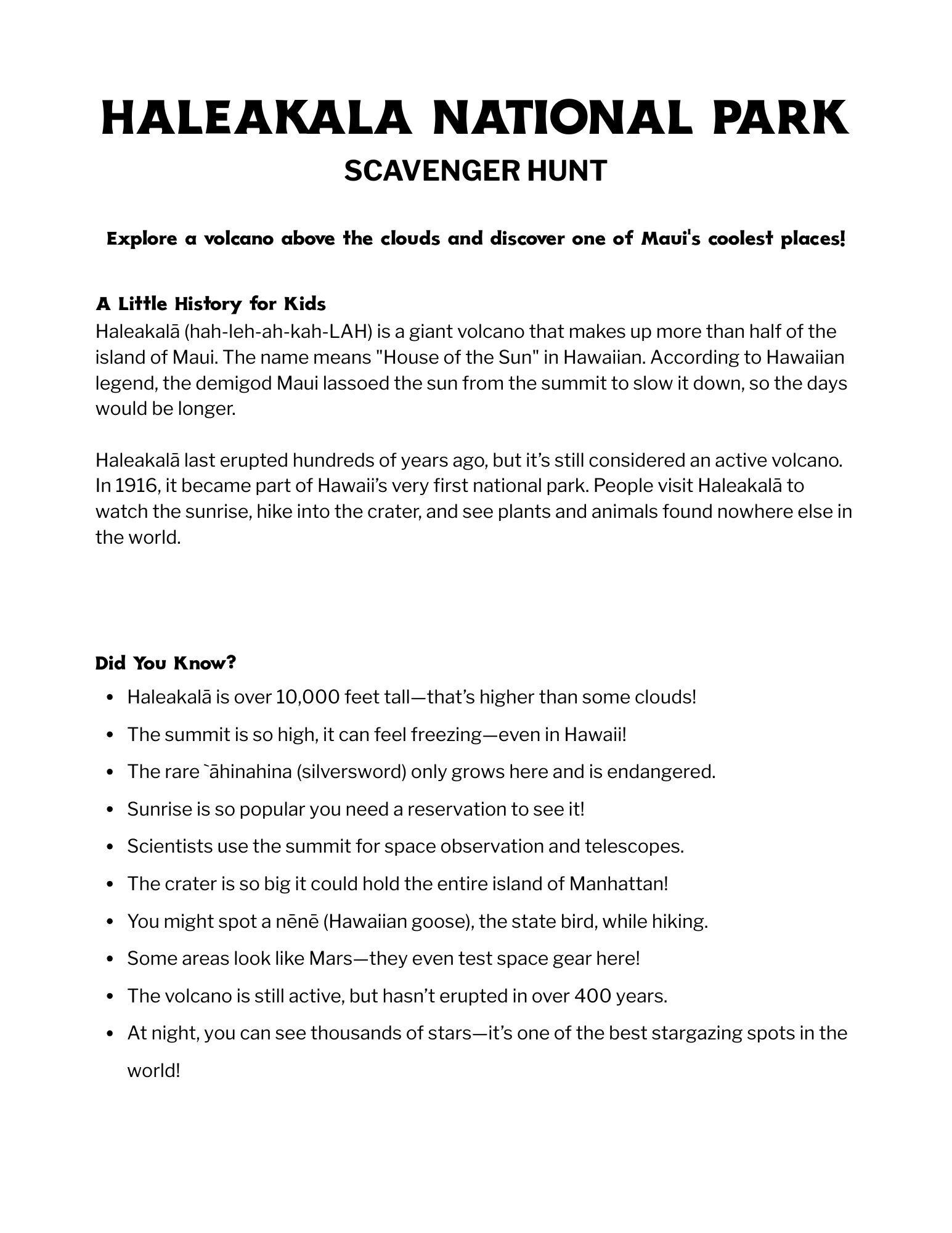 Haleakalā Scavenger Hunt for Kids, Maui National Park Activity PDF ...