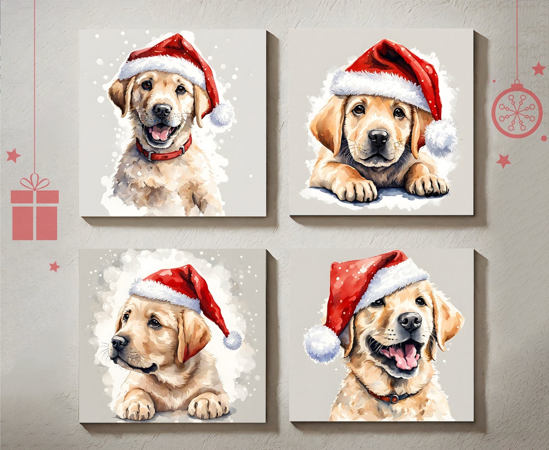 Labrador Retriever Puppies in Santa Hat, Digital Watercolor Painting ...