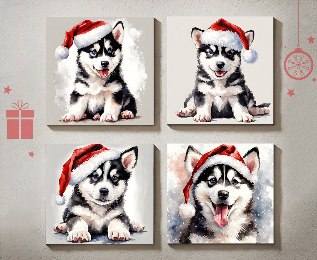 Siberian Husky Puppies in Santa Hat, Digital Watercolor Painting Wall ...