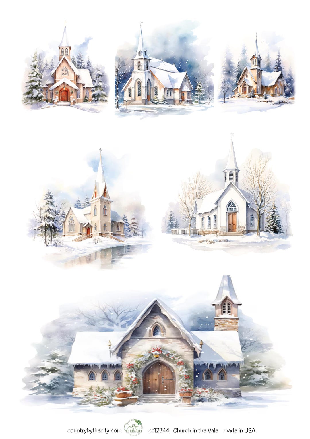Church in the Vale Rice Paper, Winter Design, Holiday Scene, A4 Washi ...