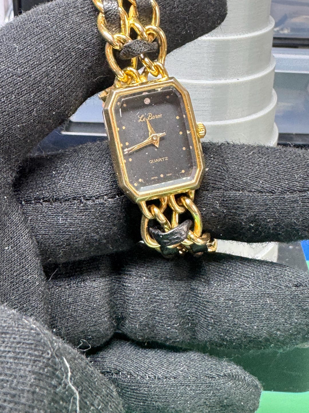 Vintage Le Baron Gold Tone Watch, Leather Woven Chain Bracelet, Diamond ...