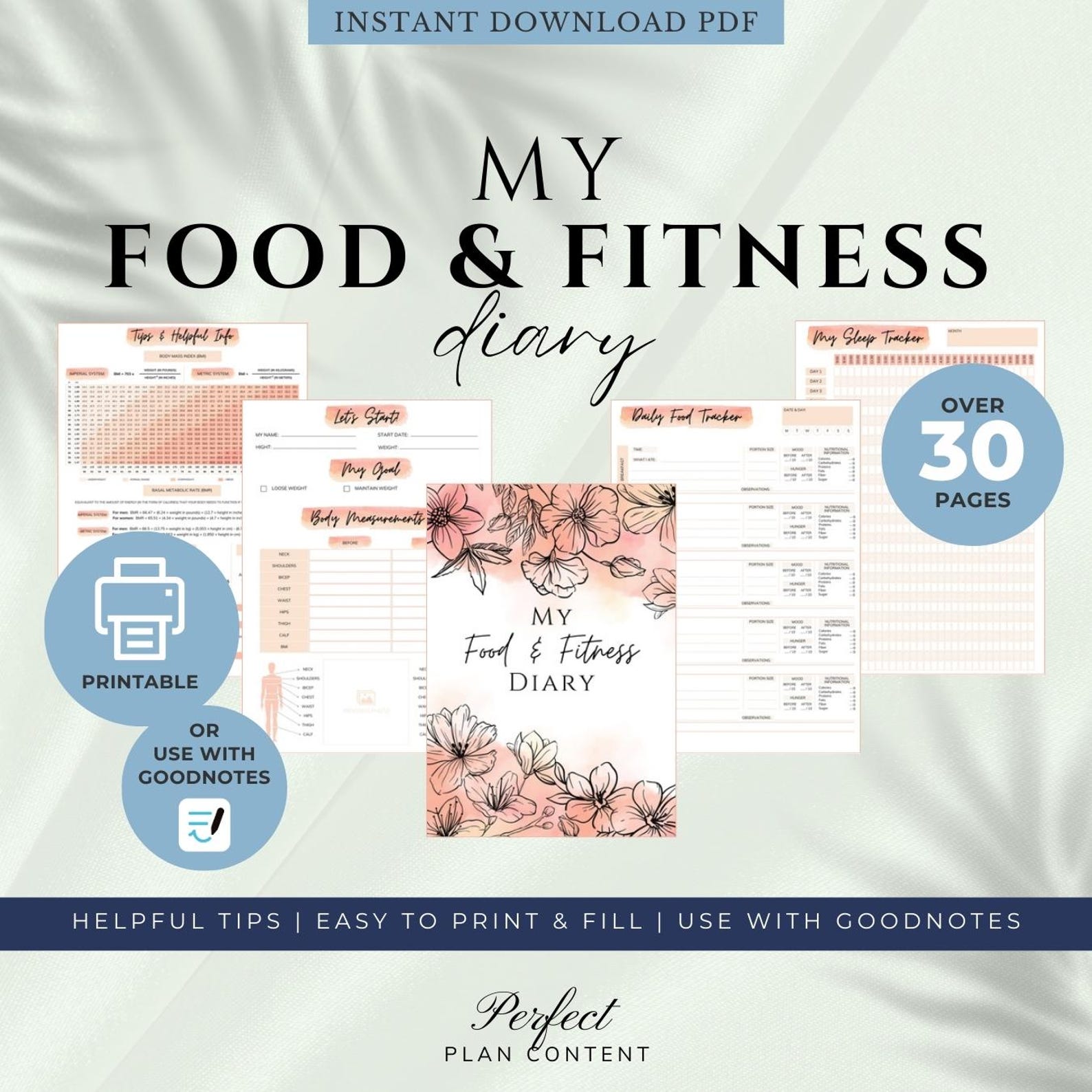 Printable Food and Fitness Tracker PDF | Meal Planner | Workout Log ...