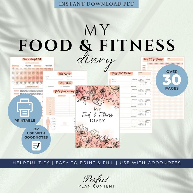 Printable Food and Fitness Tracker PDF | Meal Planner | Workout Log ...