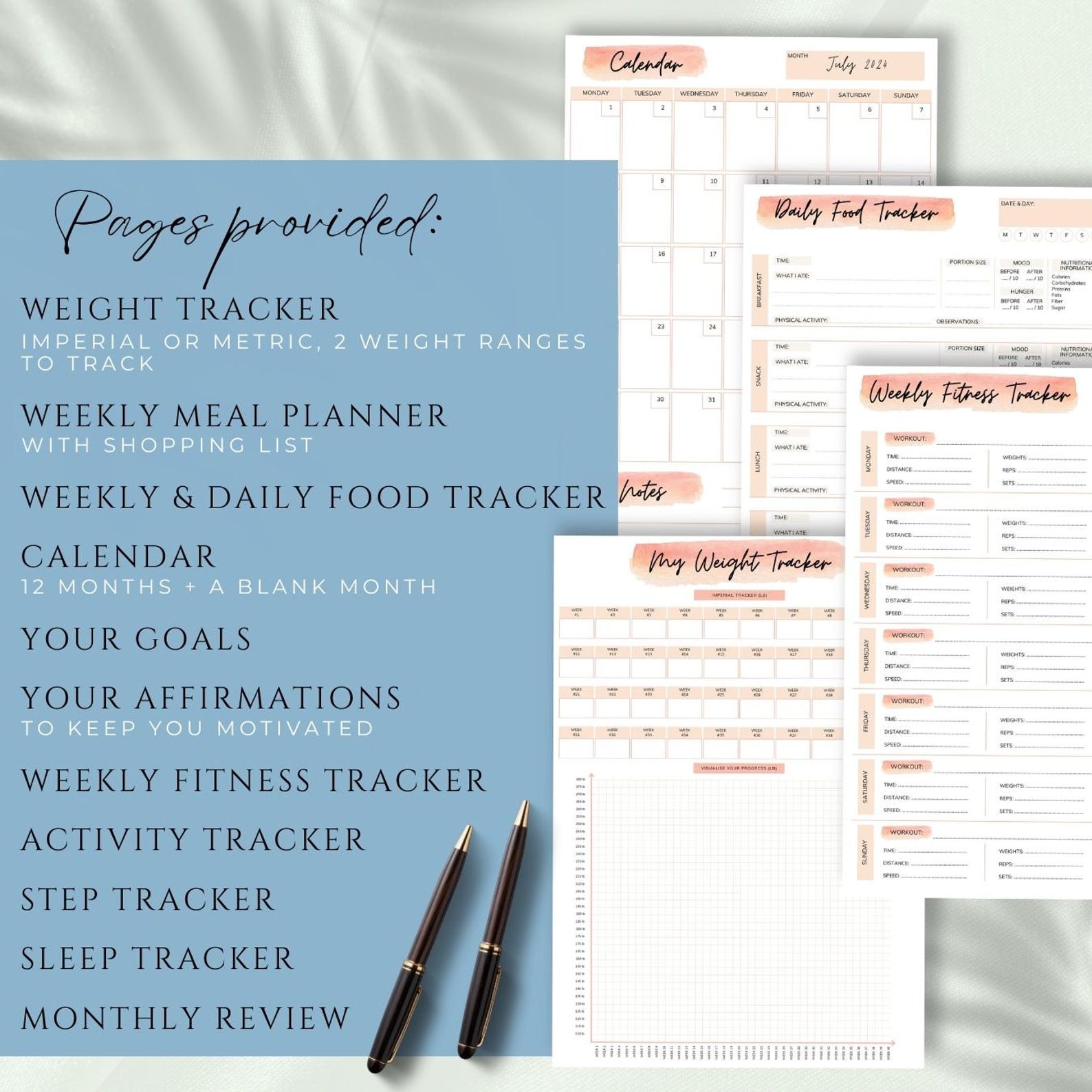 Printable Food and Fitness Tracker PDF | Meal Planner | Workout Log ...