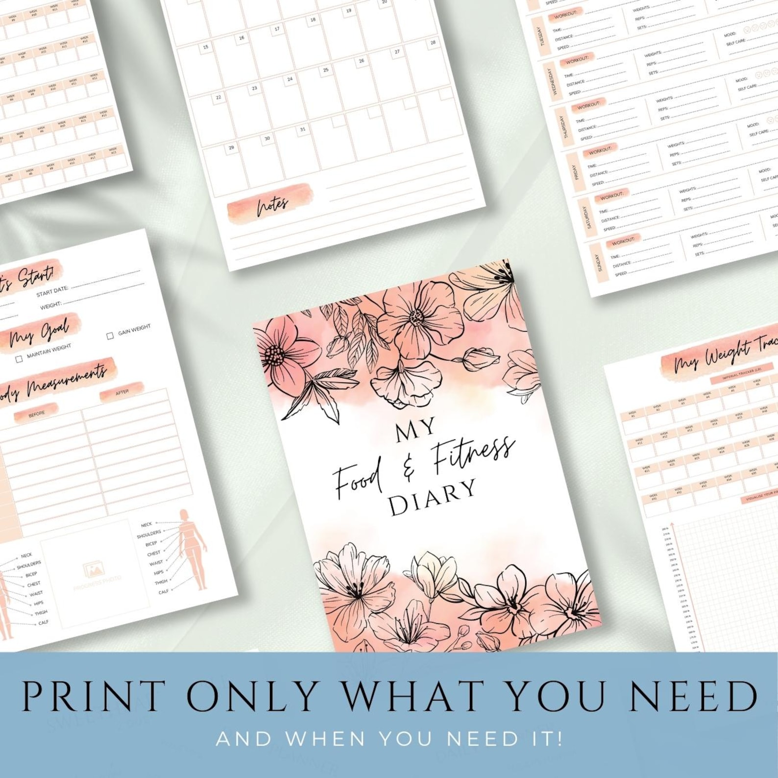 Printable Food and Fitness Tracker PDF | Meal Planner | Workout Log ...