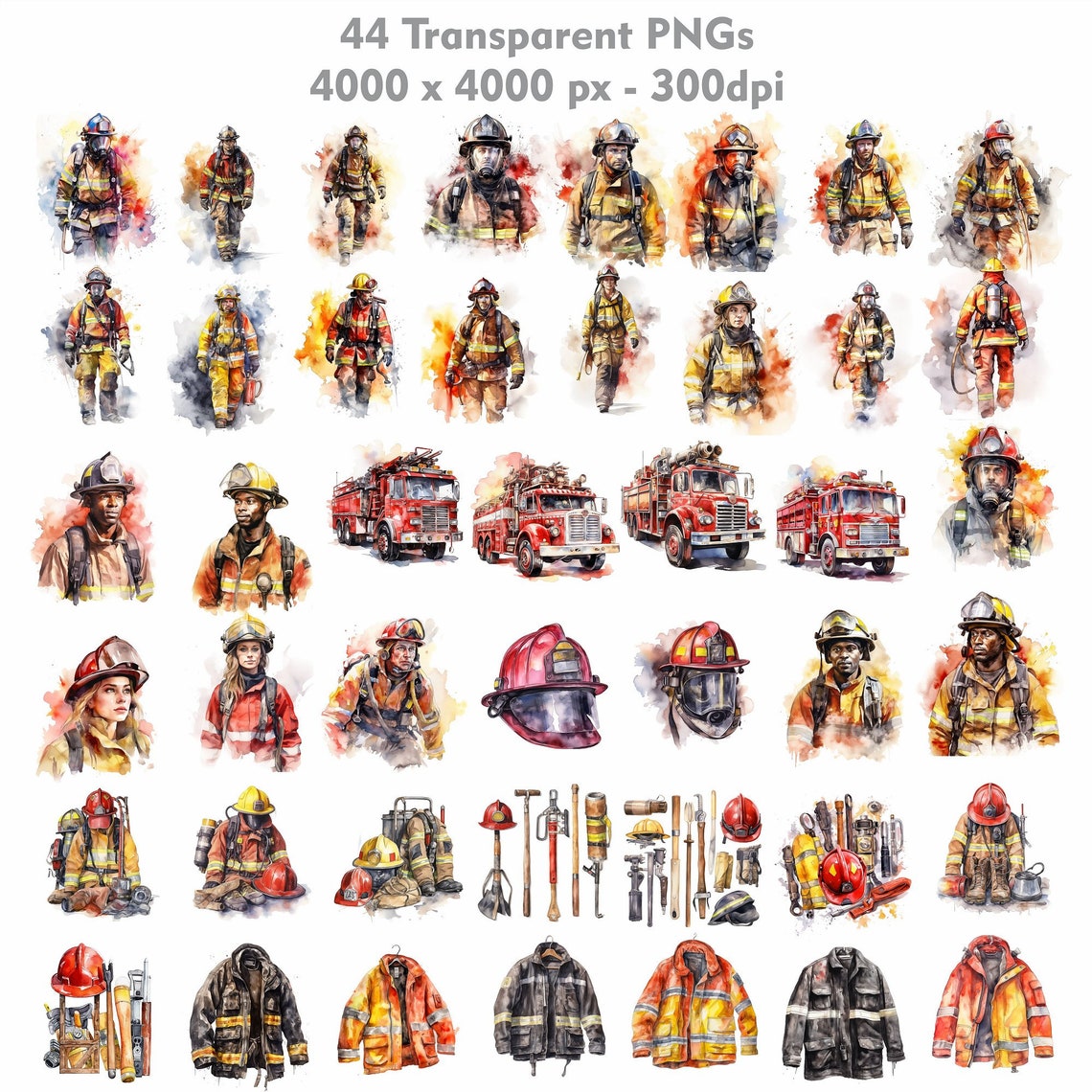 44 Firefighter Clipart for Emergency Fire Rescue | Watercolor Digital ...