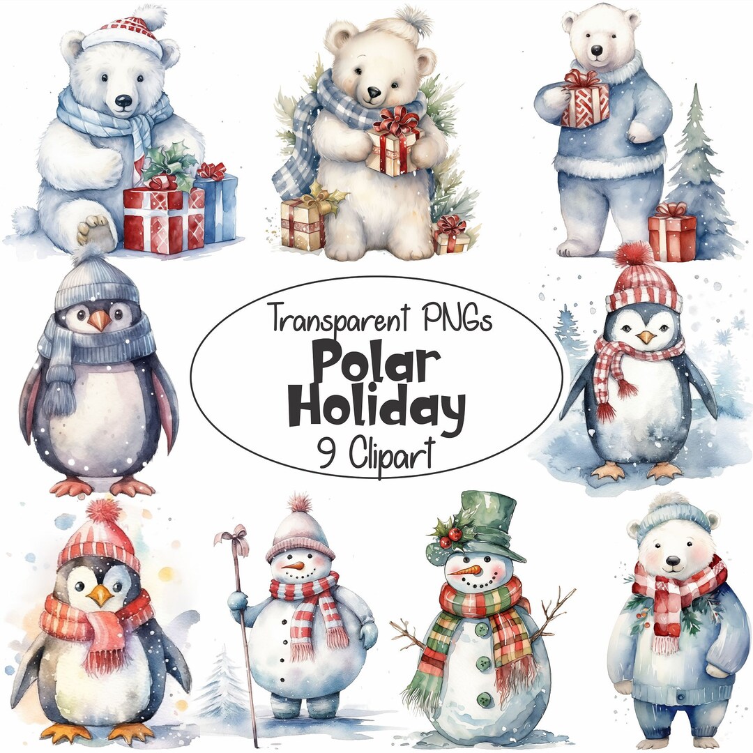 9 Polar Holiday Christmas Characters | Bear, Snowman, Penguin ...