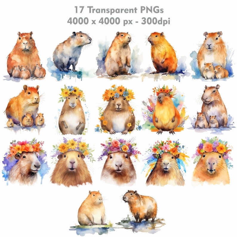 17 Capybara Close to Nature and With Flowers in Watercolor | Floral ...