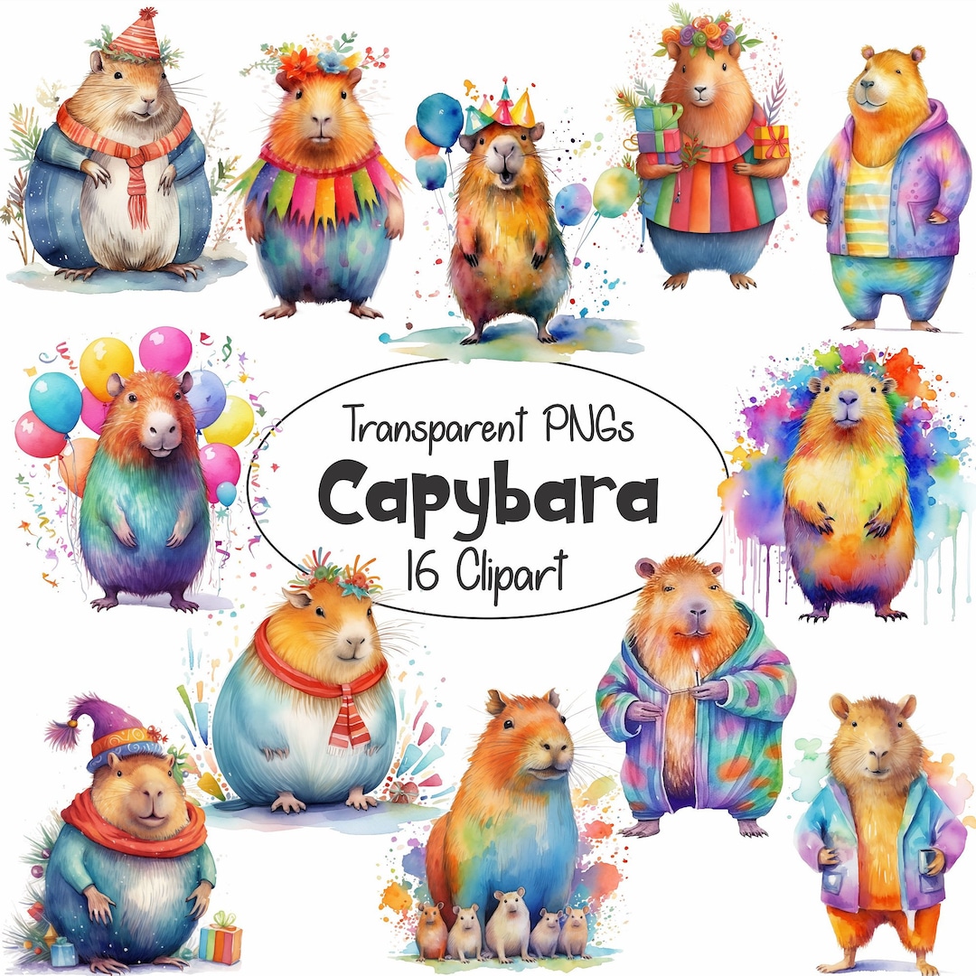 16 Capybara Characters Dressed up in Watercolor Winter Summer Party ...
