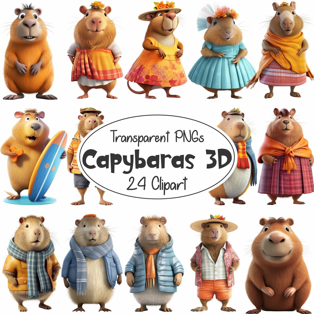 24 Capybara Characters in 3D | Winter Summer | Whimsical Cartoon ...