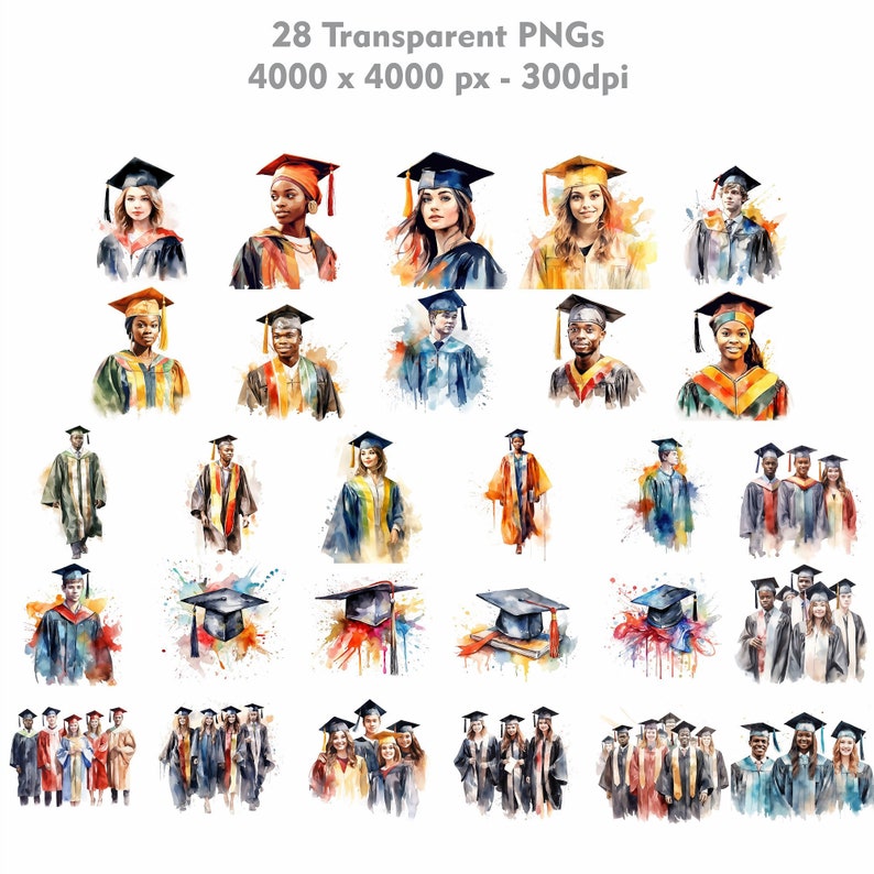 28 Graduation Clipart for College or University | Watercolor Digital ...