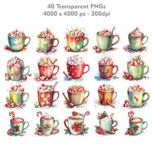 40 Christmas Hot Chocolate With Whipped Cream Watercolor Coffee, Hot ...