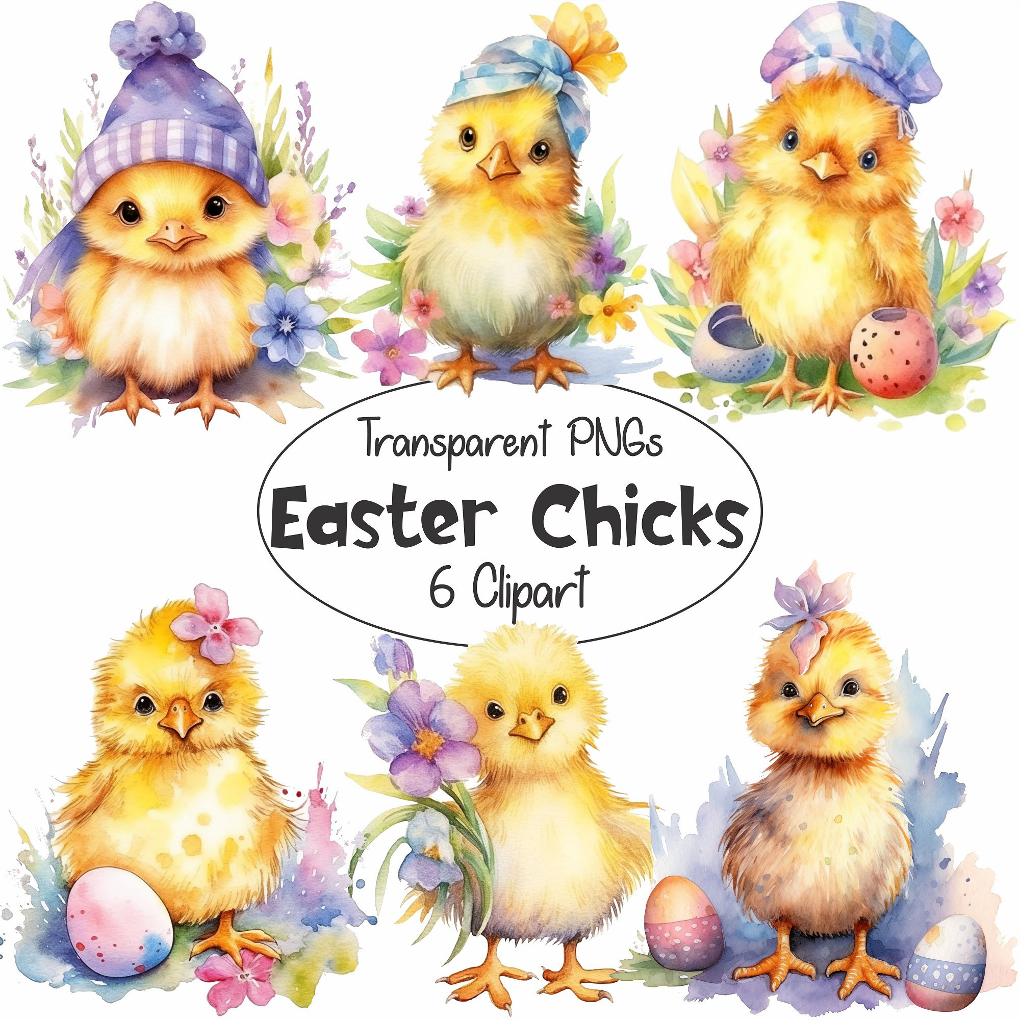 6 Easter Theme Baby Chicks in Watercolor Pastel Shades | PNG With ...