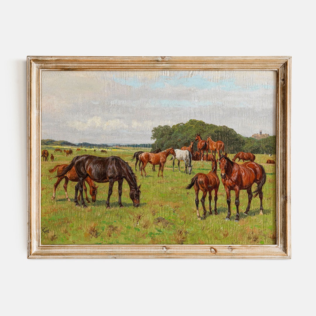 Vintage Rustic Horses Grazing, Nature Antique Printable Art Print ...