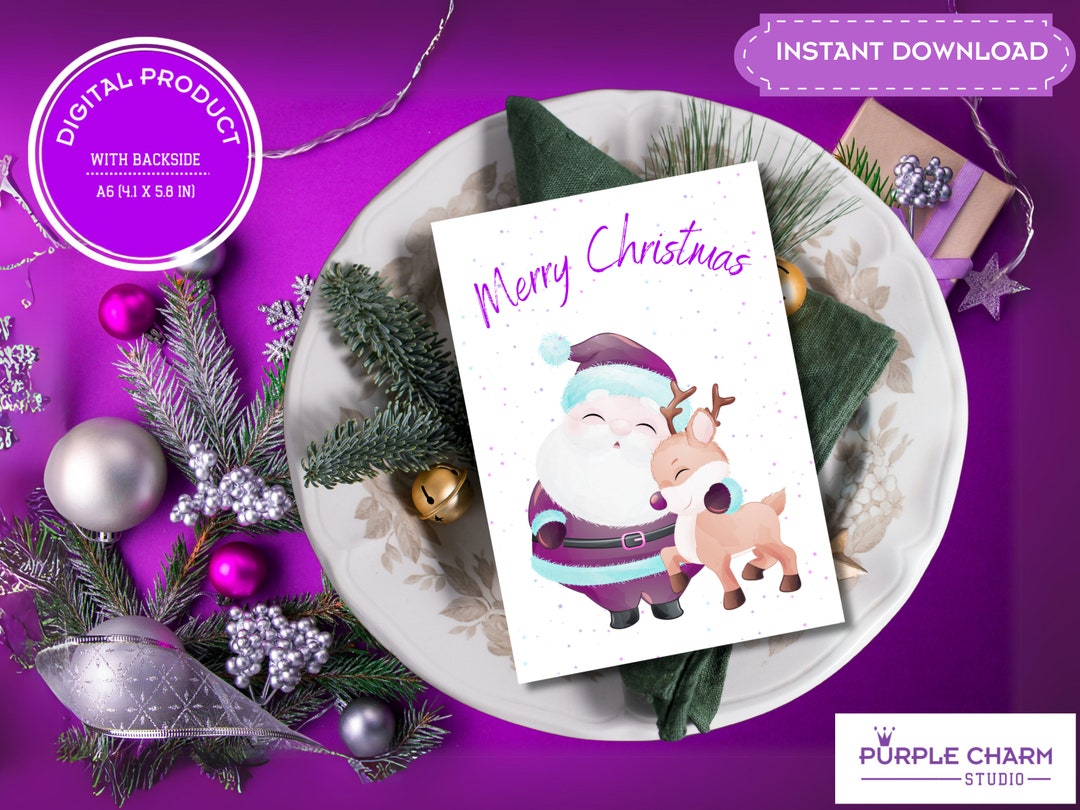 Christmas Santa Card Printable Instant Download Purple Festive Holiday ...
