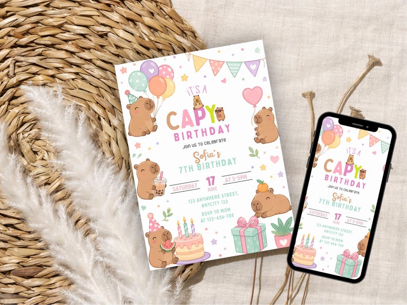 Editable Capybara Birthday Invitation, Cute Capybara Party, Kawaii ...